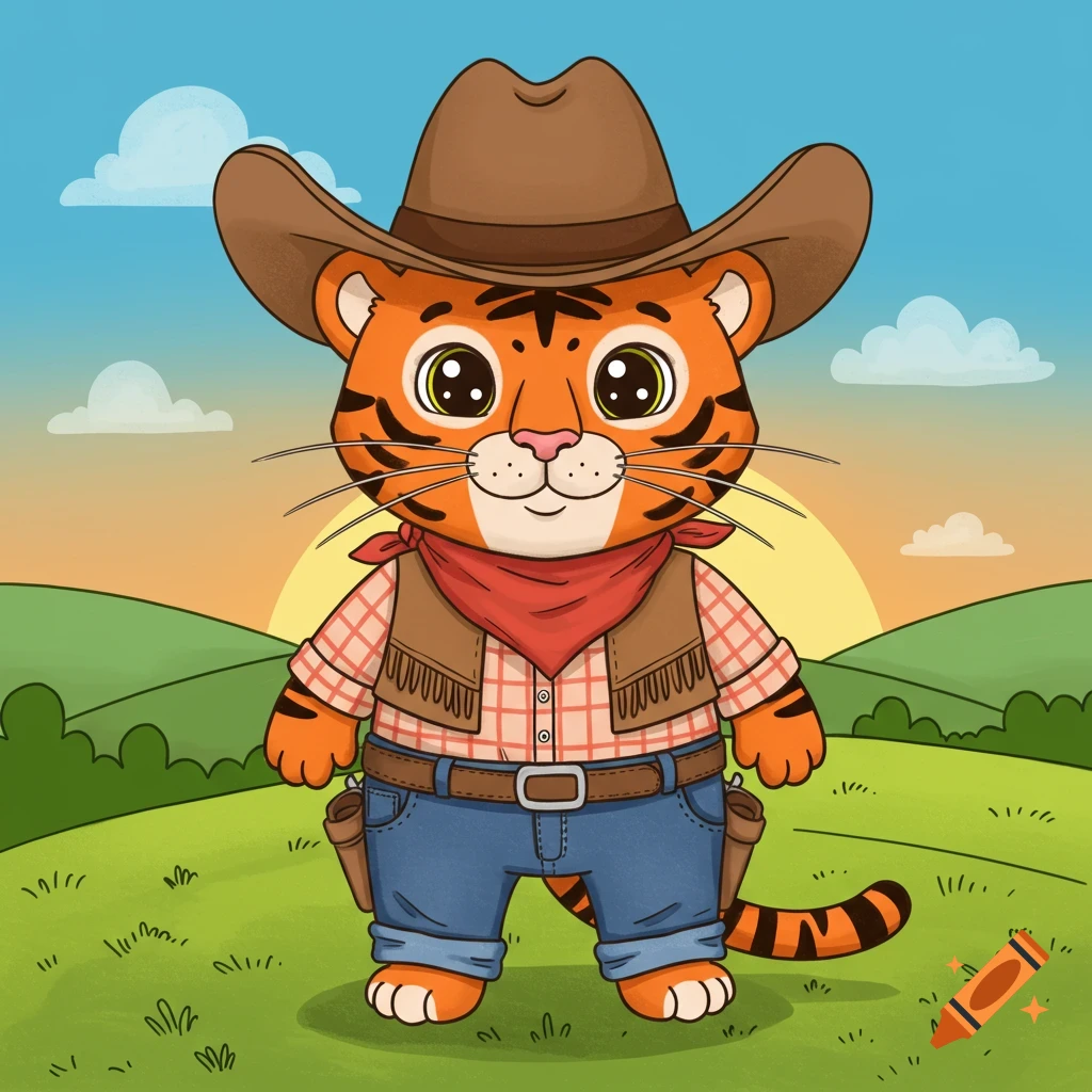 Cute cartoon tiger dressed as a cowboy on Craiyon