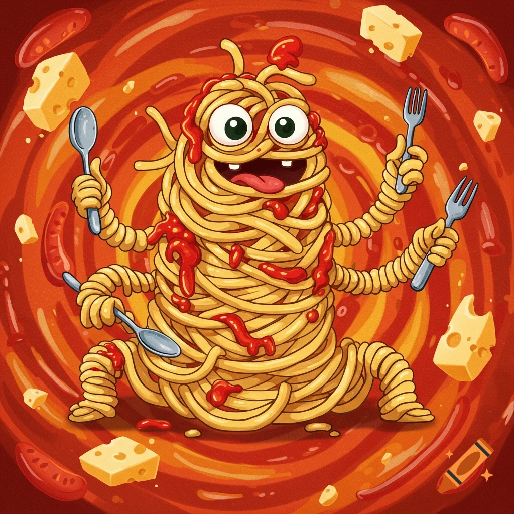 Chaotic cartoon painting packed with Italian food, landmarks, and a ...