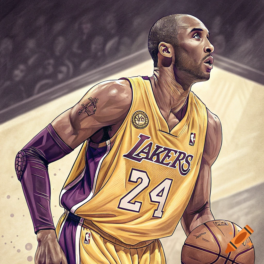 Illustration of Kobe Bryant in a Lakers uniform playing basketball. on ...
