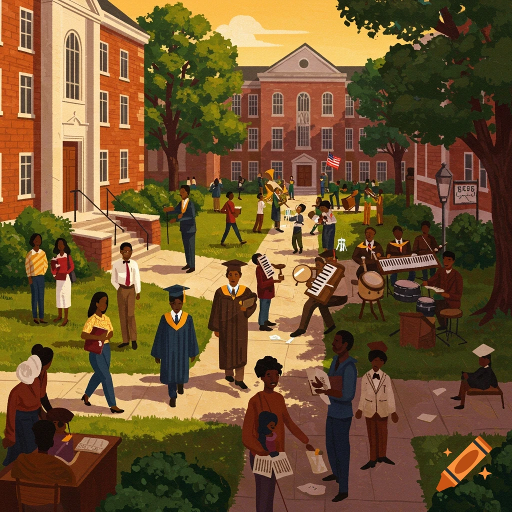 A lively college campus with students, graduates, and a band, in the ...