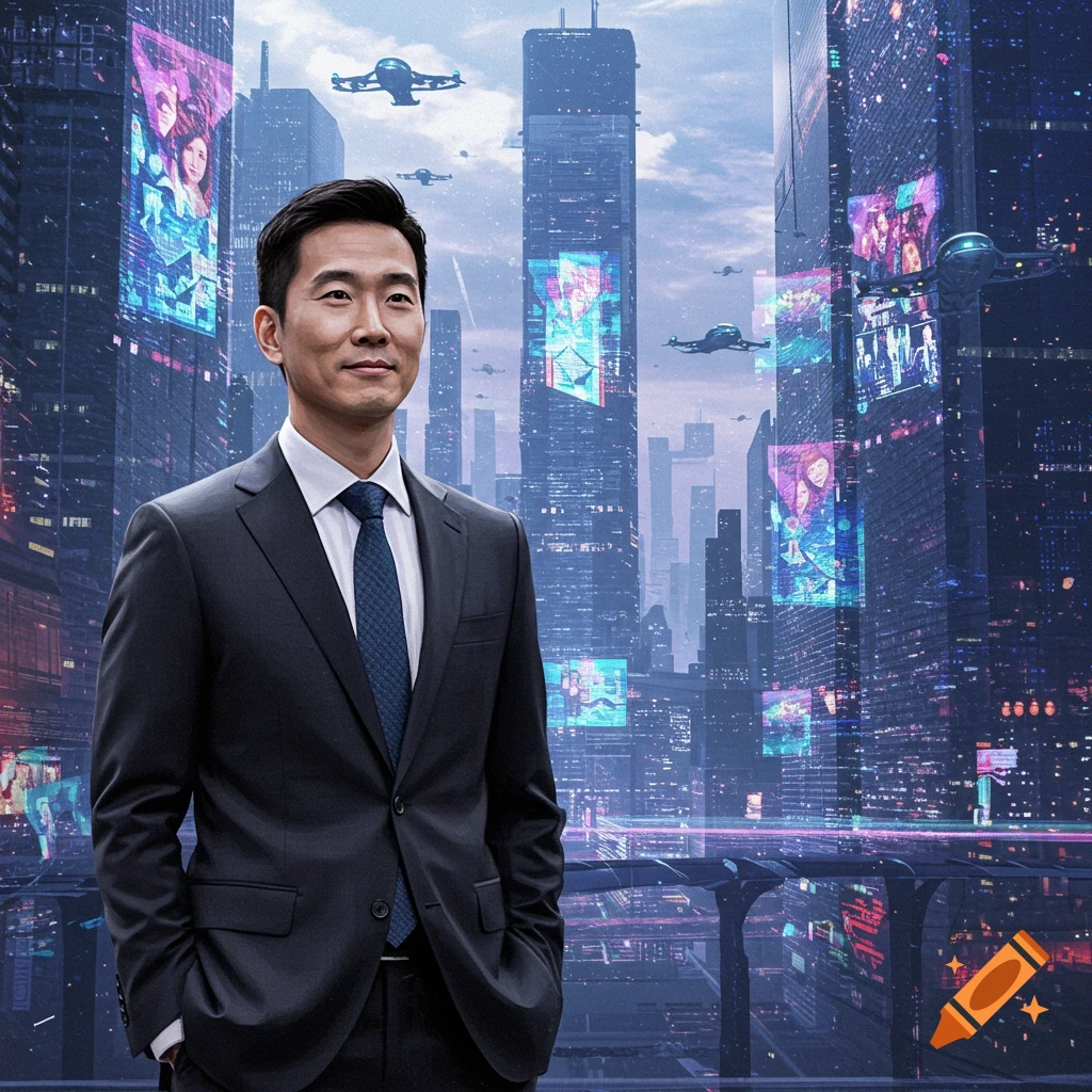 Business man in suit in sci-fi setting on Craiyon