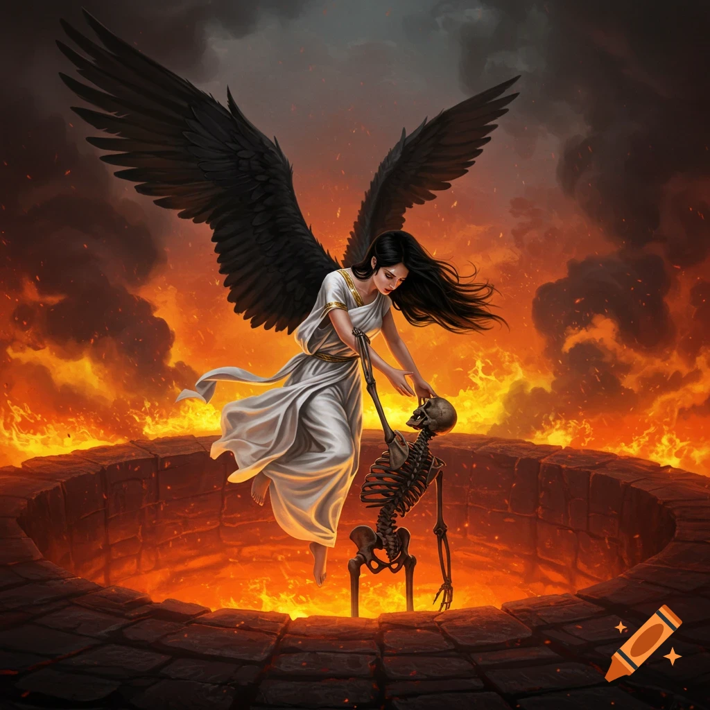 An angel with dark wings pulling a man out of a fiery pit. on Craiyon