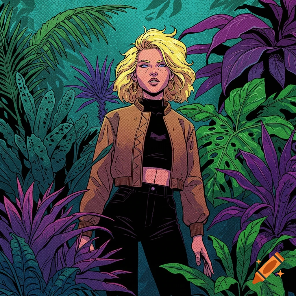 Marvel comic style woman with blonde hair and plants on Craiyon