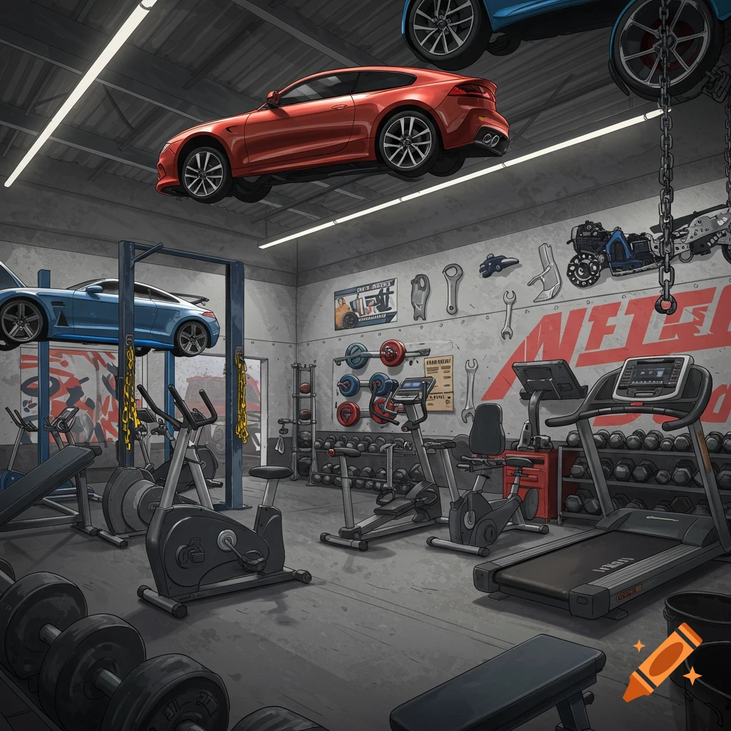 A gym and auto shop combined space on Craiyon