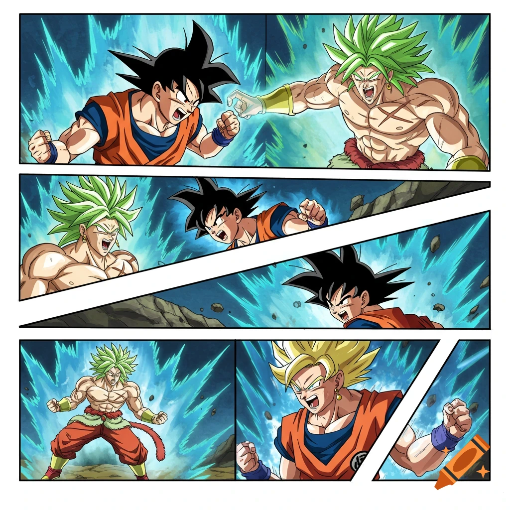 Goku and Invincible fusion with Broly in comic strip on Craiyon