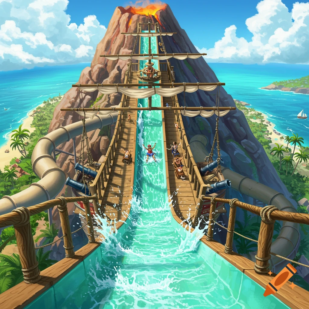 Pirate-themed waterslide starting at a volcano and going through a ...