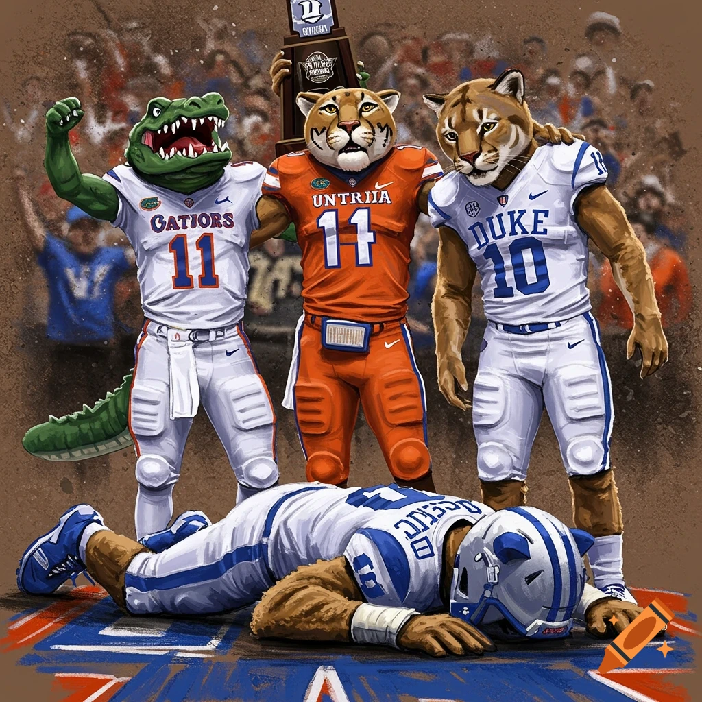 Gator and cougar celebrating on defeated Duke Blue Devils mascot on Craiyon