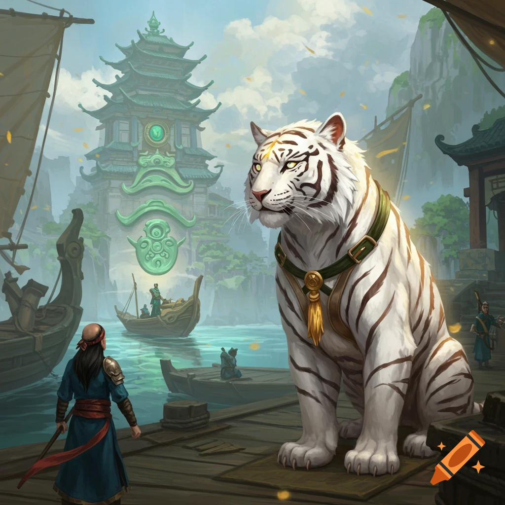 Liyuen Adeptus white tiger human form, Geo element on Craiyon