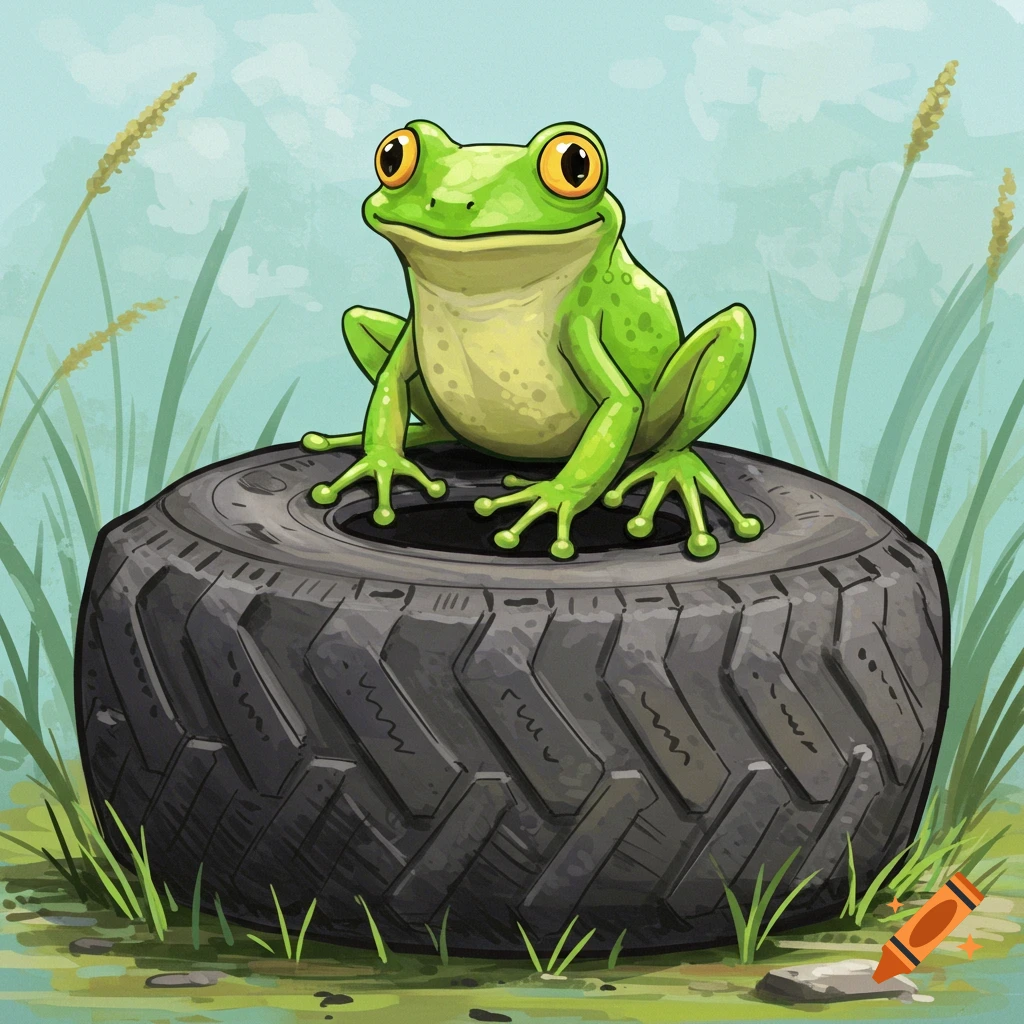 A cartoon green frog sits on a large tire in a grassy area. on Craiyon