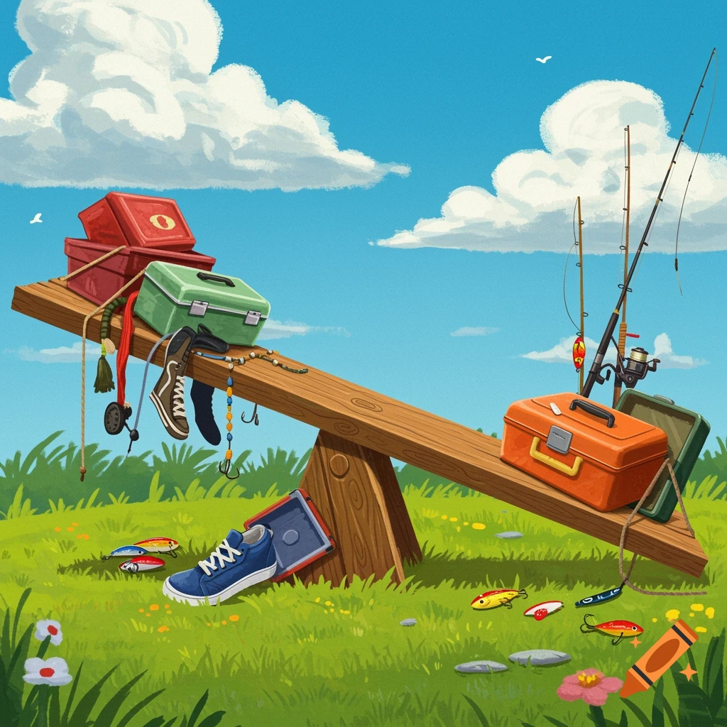 Unbalanced teeter totter with fishing gear and person on Craiyon