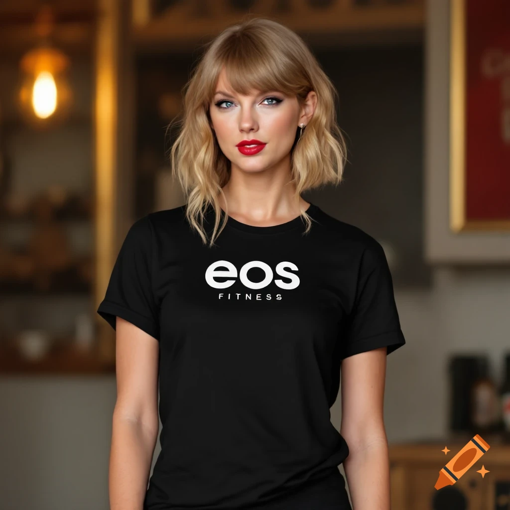 A woman wearing a black t-shirt with the EOS FITNESS logo. on Craiyon