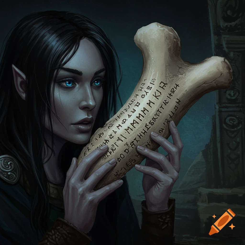 A figure whispering a name, bone carvings visible on Craiyon