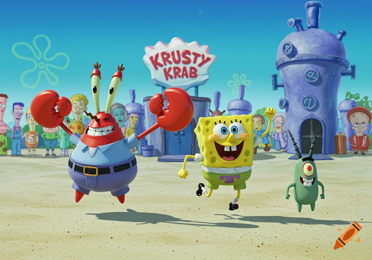 Spongebob and Mr. Krabs stand together in Bikini Bottom, Mr. Krabs holding a money bag. on Craiyon