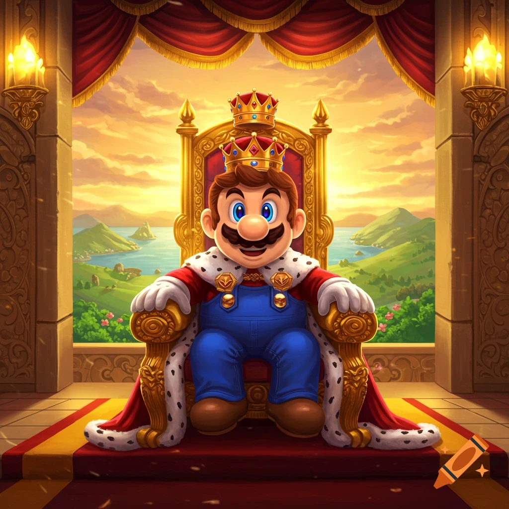 Mario as a king sits on a throne, wearing a crown and cape, in a large ...