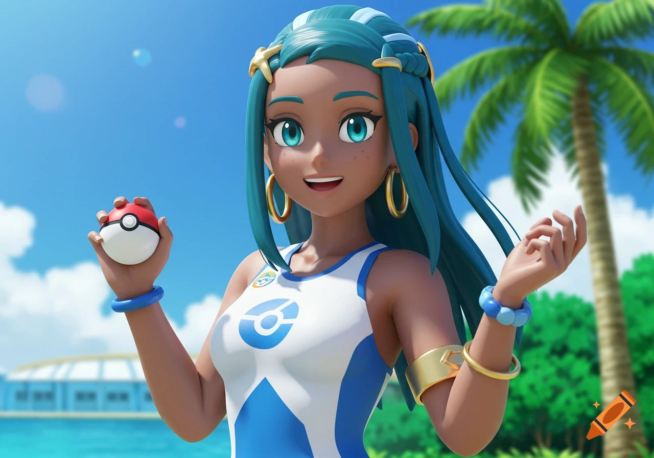 Photorealistic rendering of Nessa from Pokemon holding a Pokeball on a ...