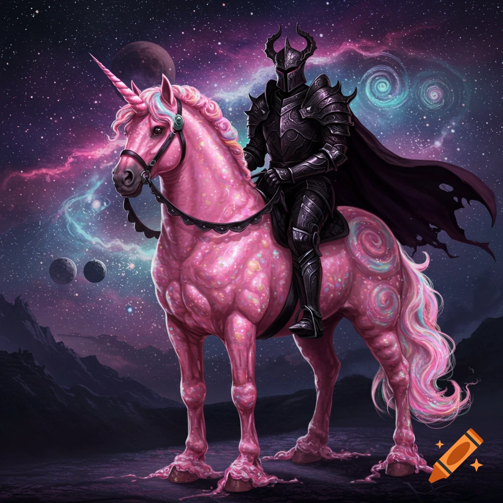 A dark knight rides a pink candy unicorn through space on Craiyon