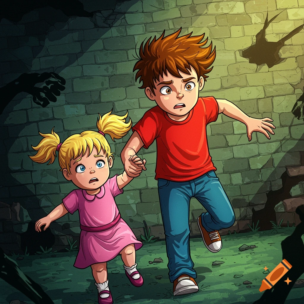 A cartoon boy with blond hair in a yellow shirt and brown shorts stands ...