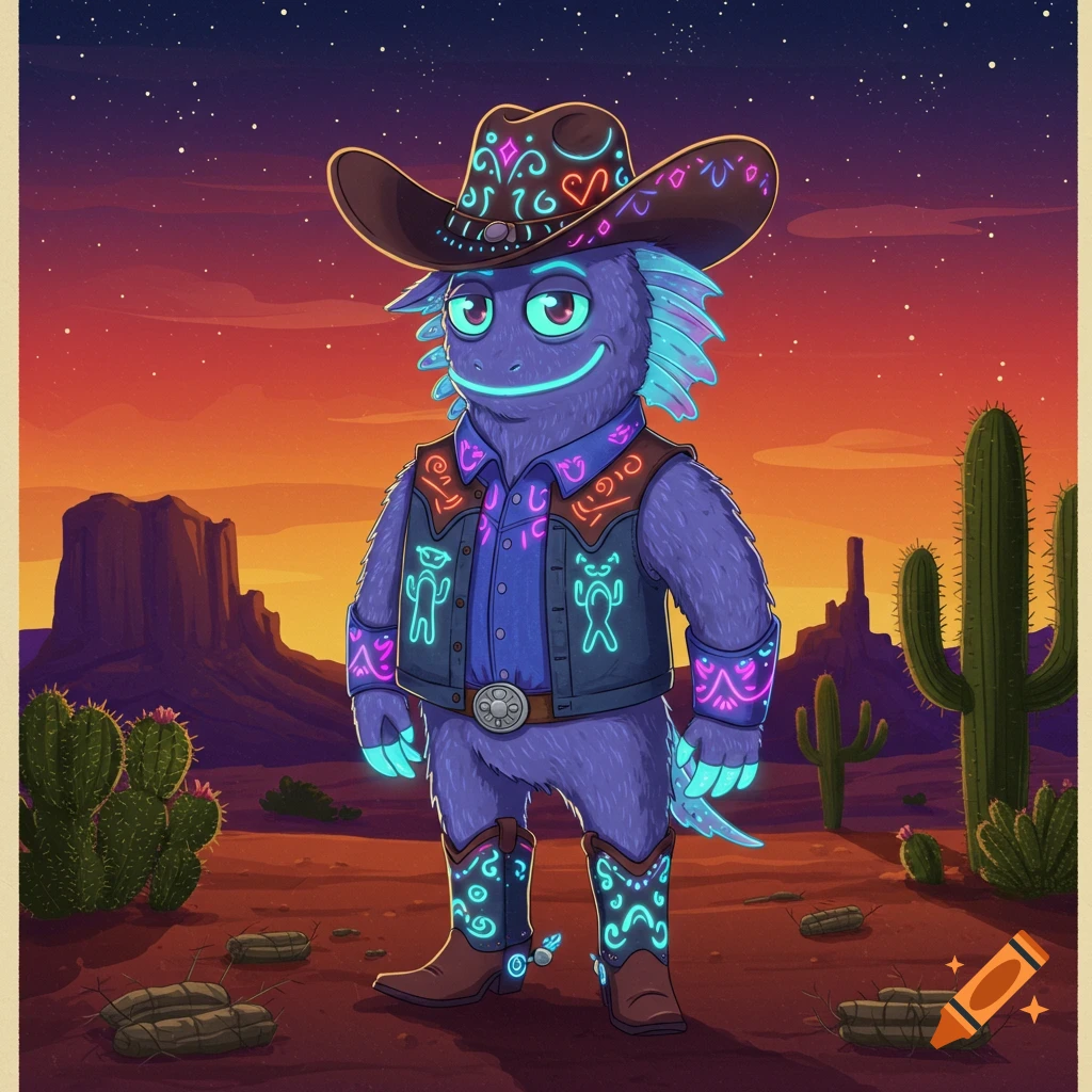 Illustration of a purple monster in a cowboy hat and vest standing in a ...