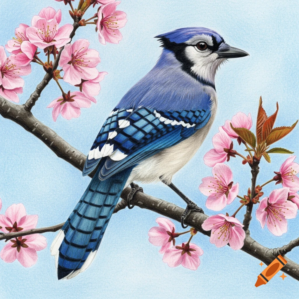 A blue jay sits on a cherry blossom branch with a pink temple structure in the background ...