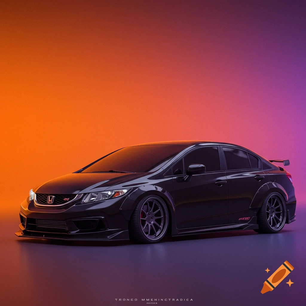 A black modified Honda Civic sedan with an orange and purple background ...