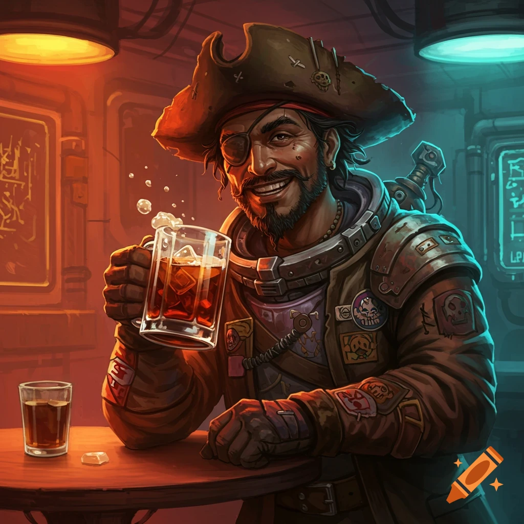 A smiling space pirate with an eyepatch and hat drinks a tankard of rum ...