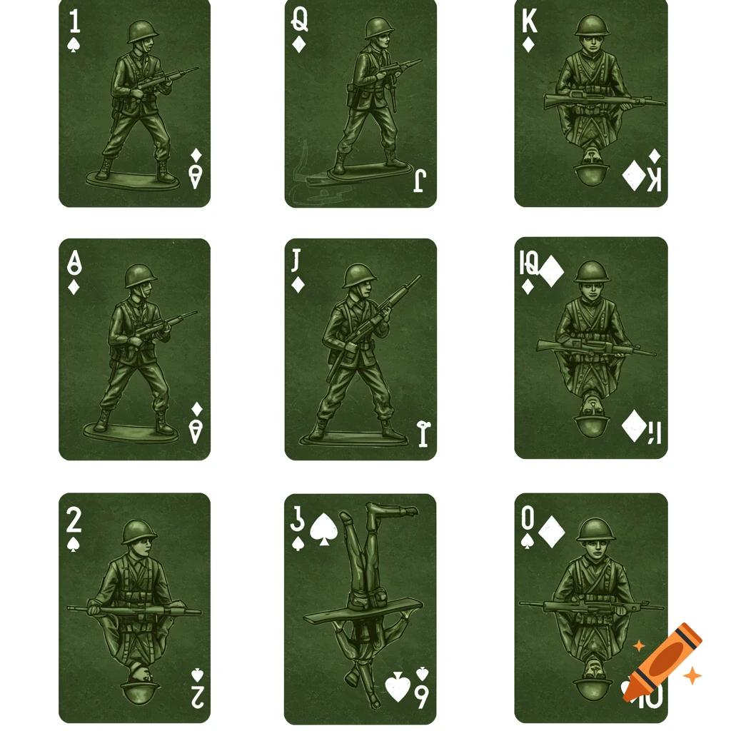 Plastic army men themed playing cards, green color scheme. on Craiyon