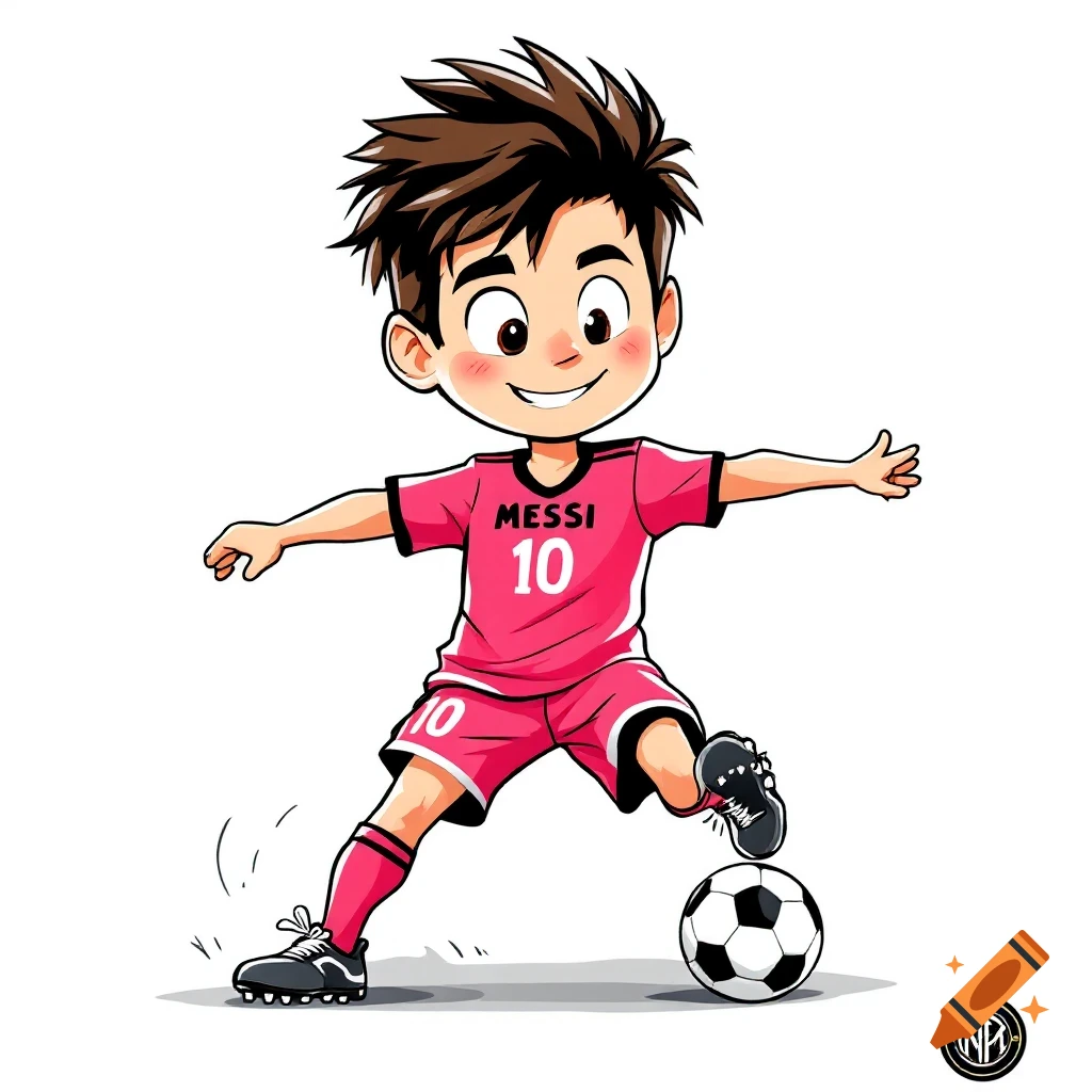 Cartoon of a 7-year-old boy in an Inter Miami Messi #10 jersey kicking ...