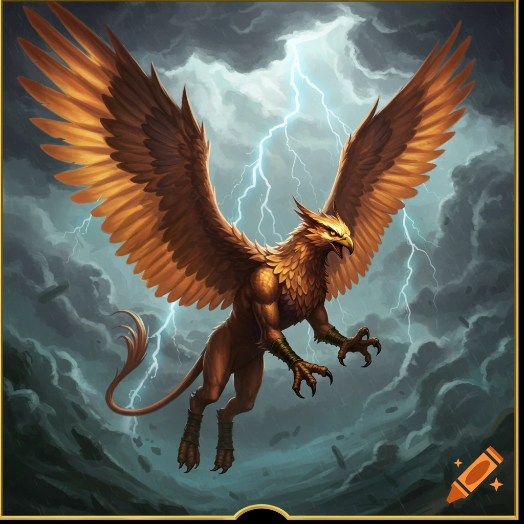 A large, colorful mythical bird flies through a stormy sky with ...