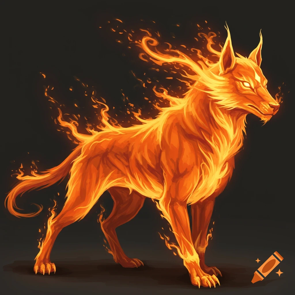 Energetic orange spirit animal Cerberus made of light tendrils on Craiyon