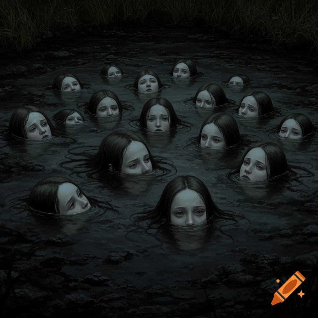 Little girls in a dark peat bog swamp at night on Craiyon