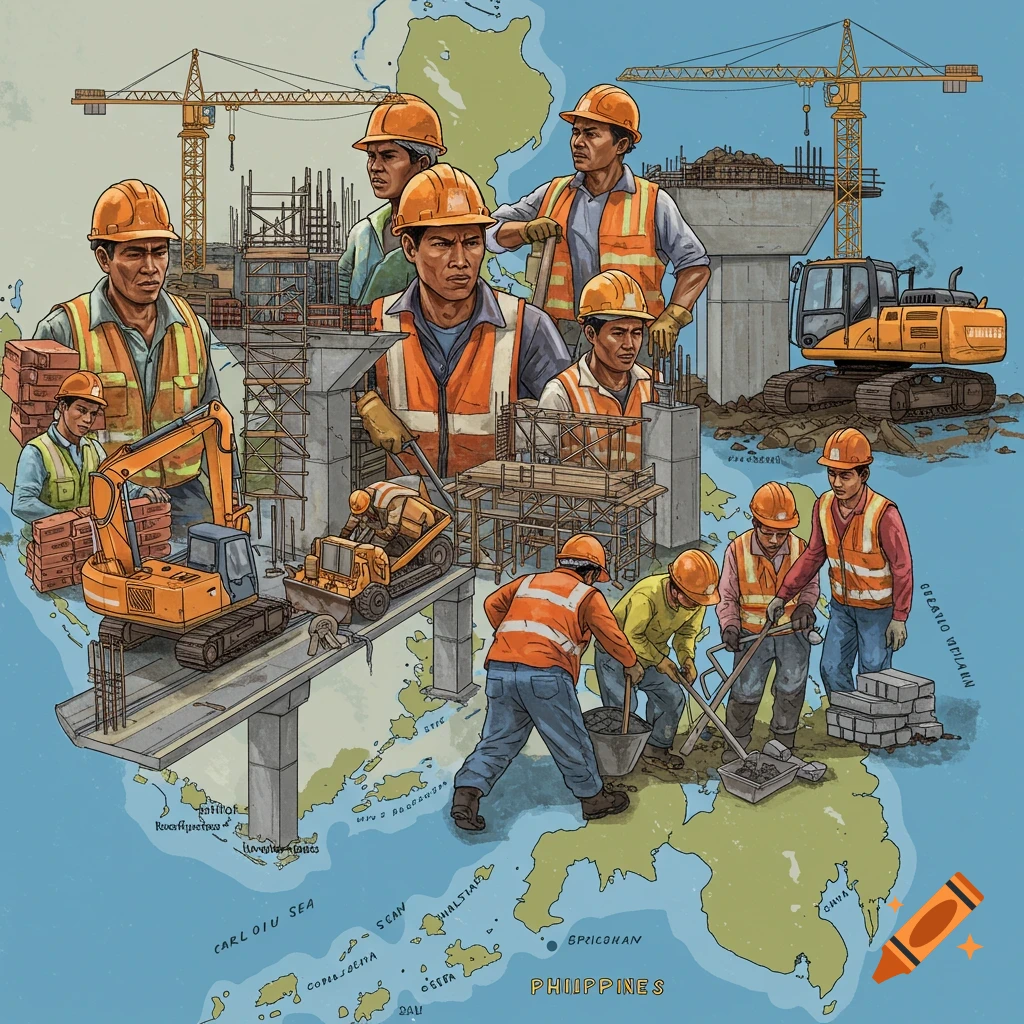 Construction workers with a map of the Philippines on Craiyon