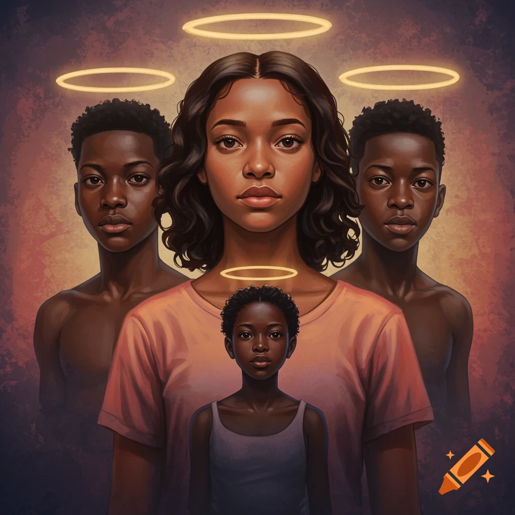 Three African American children, two with halos on Craiyon