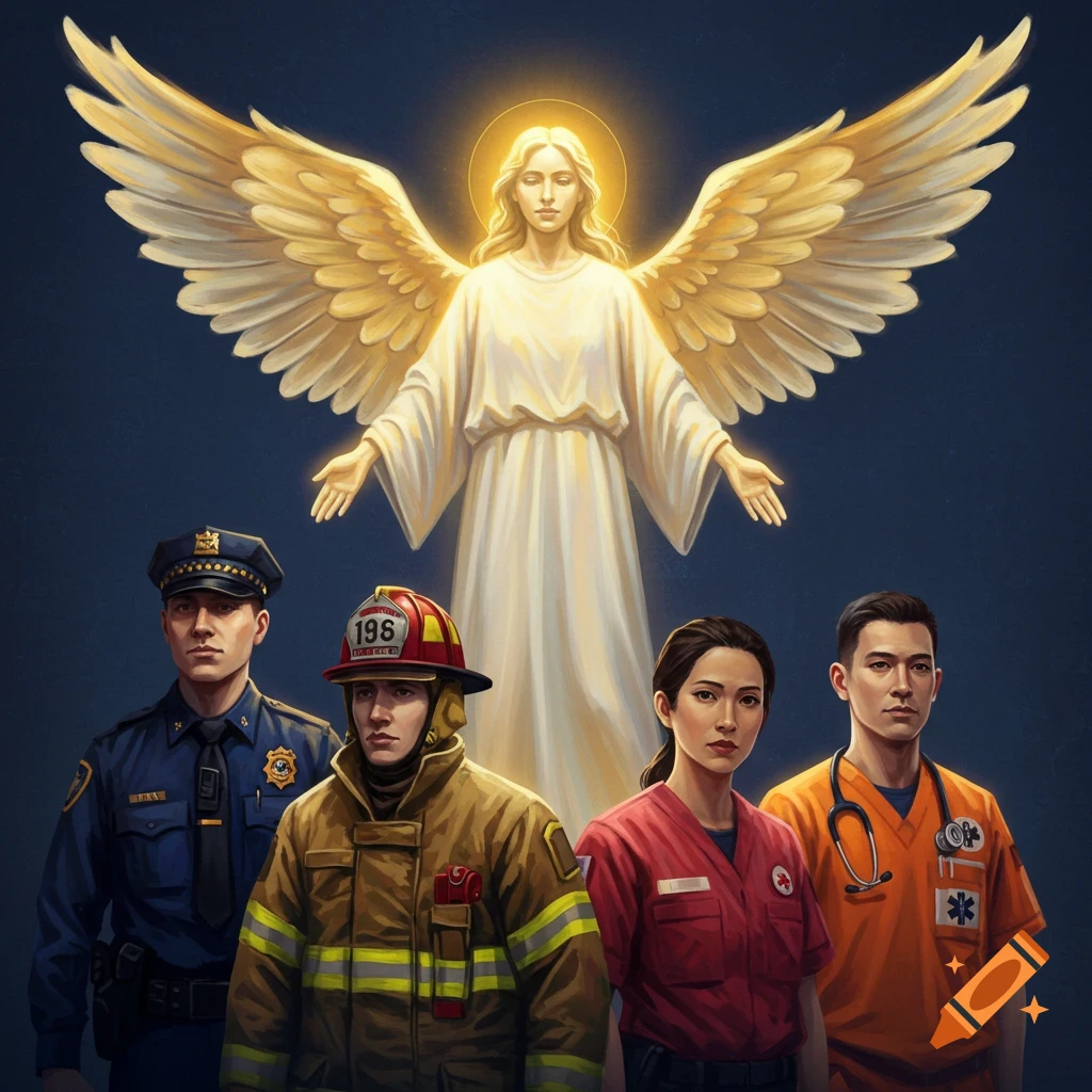 Angel outline over police, firefighter, military, and EMS on Craiyon