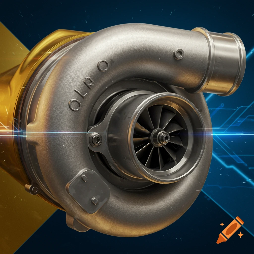 A detailed technical illustration of a turbocharger with many labels ...