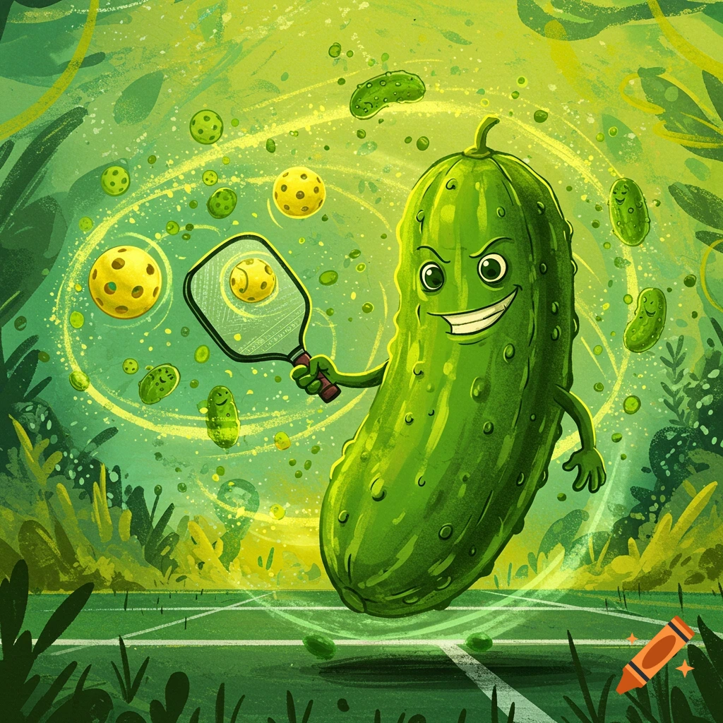 Two cool cartoon pickles with sunglasses playing pickleball on a court ...