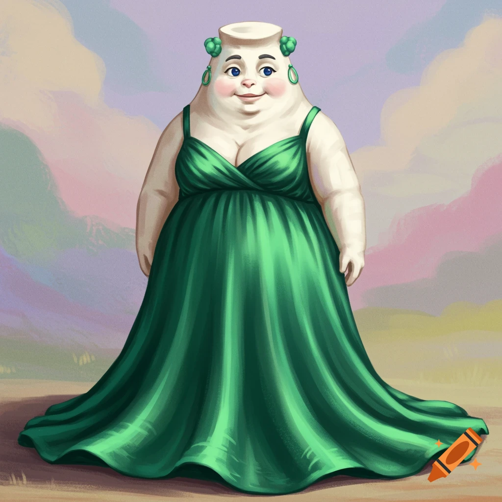 A large, pale fantasy figure in a green dress stands in a landscape. on ...