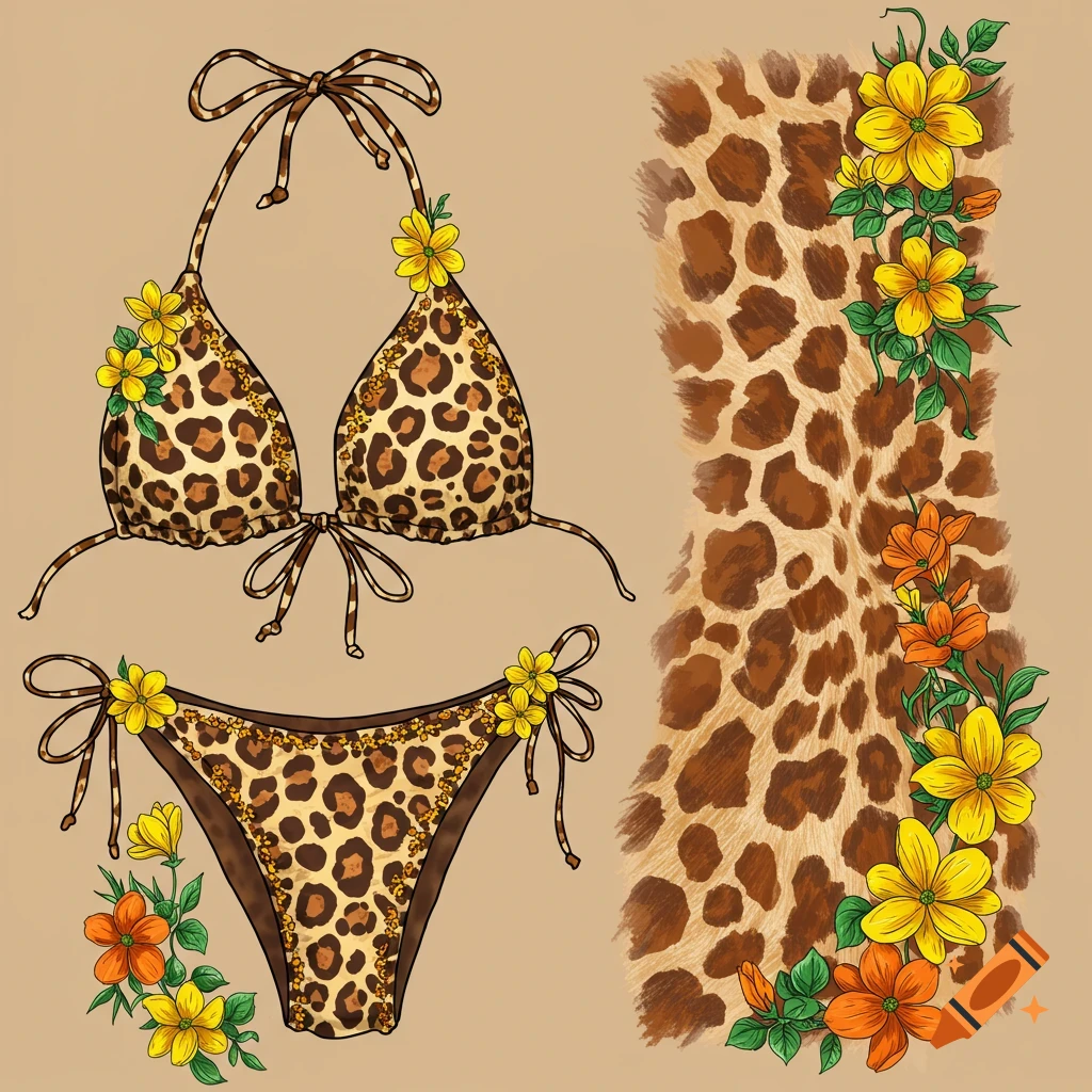 Brazilian bikini with cheetah and giraffe print and orange flowers on ...
