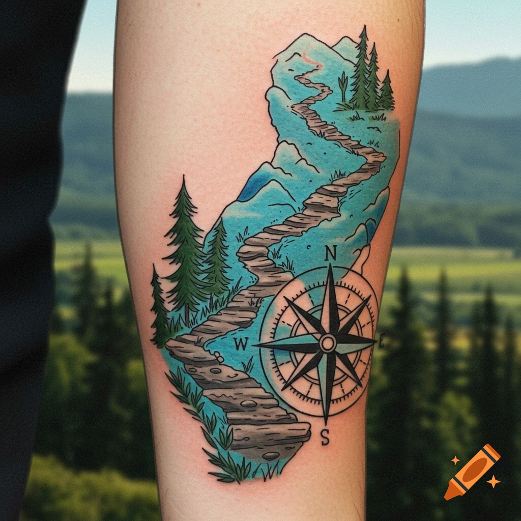 Tattoo on arm of a mountain trail with a compass rose showing N, S, E ...