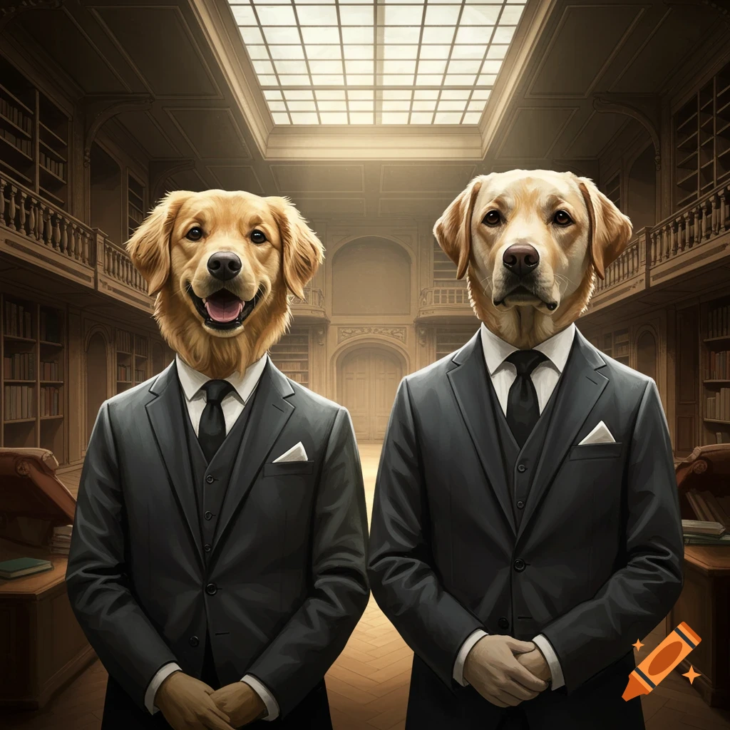 A formal portrait of a dog wearing a brown tweed suit and tie in a ...