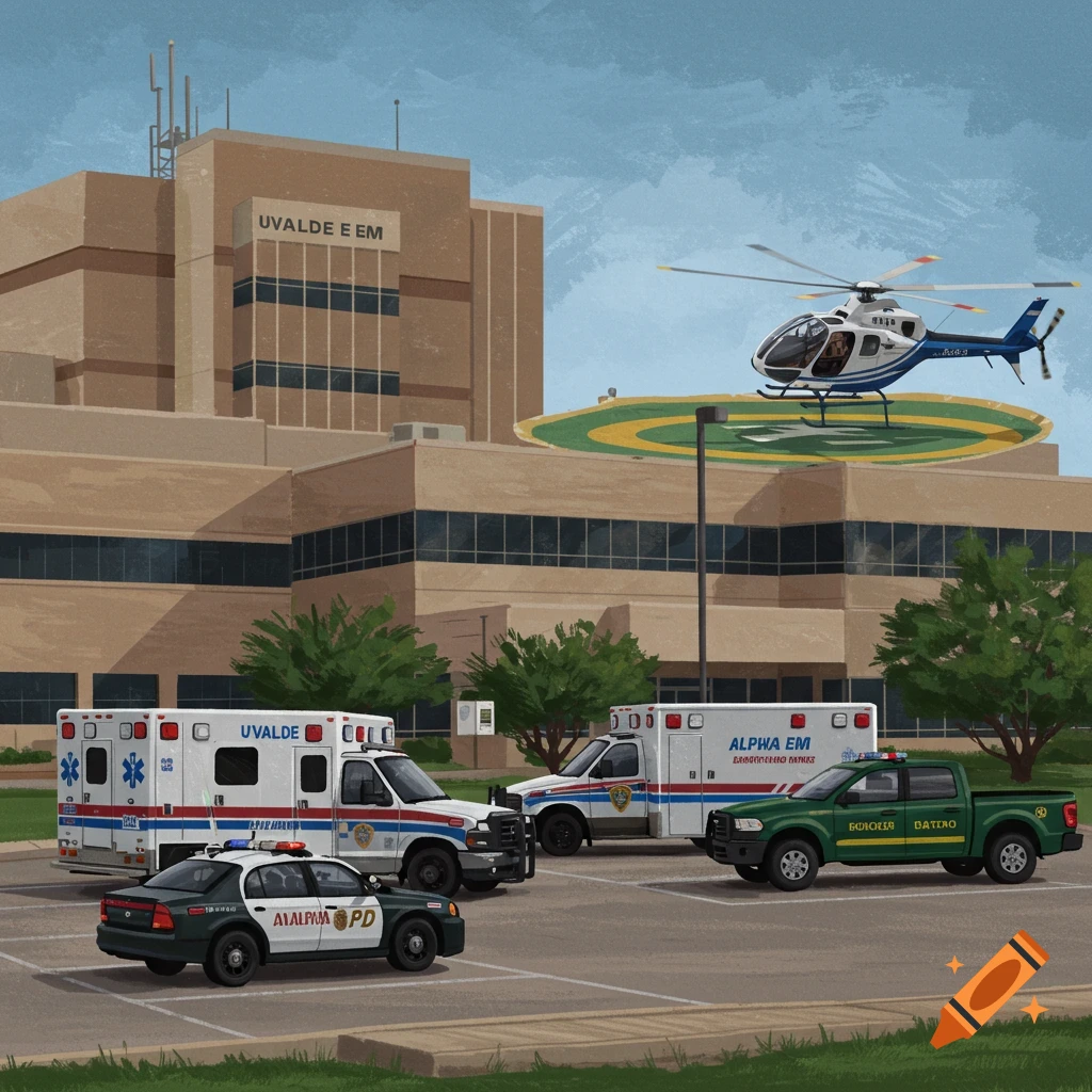 Hospital with helipad, helicopter, Uvalde EMS ambulance, Alpha EMS ...