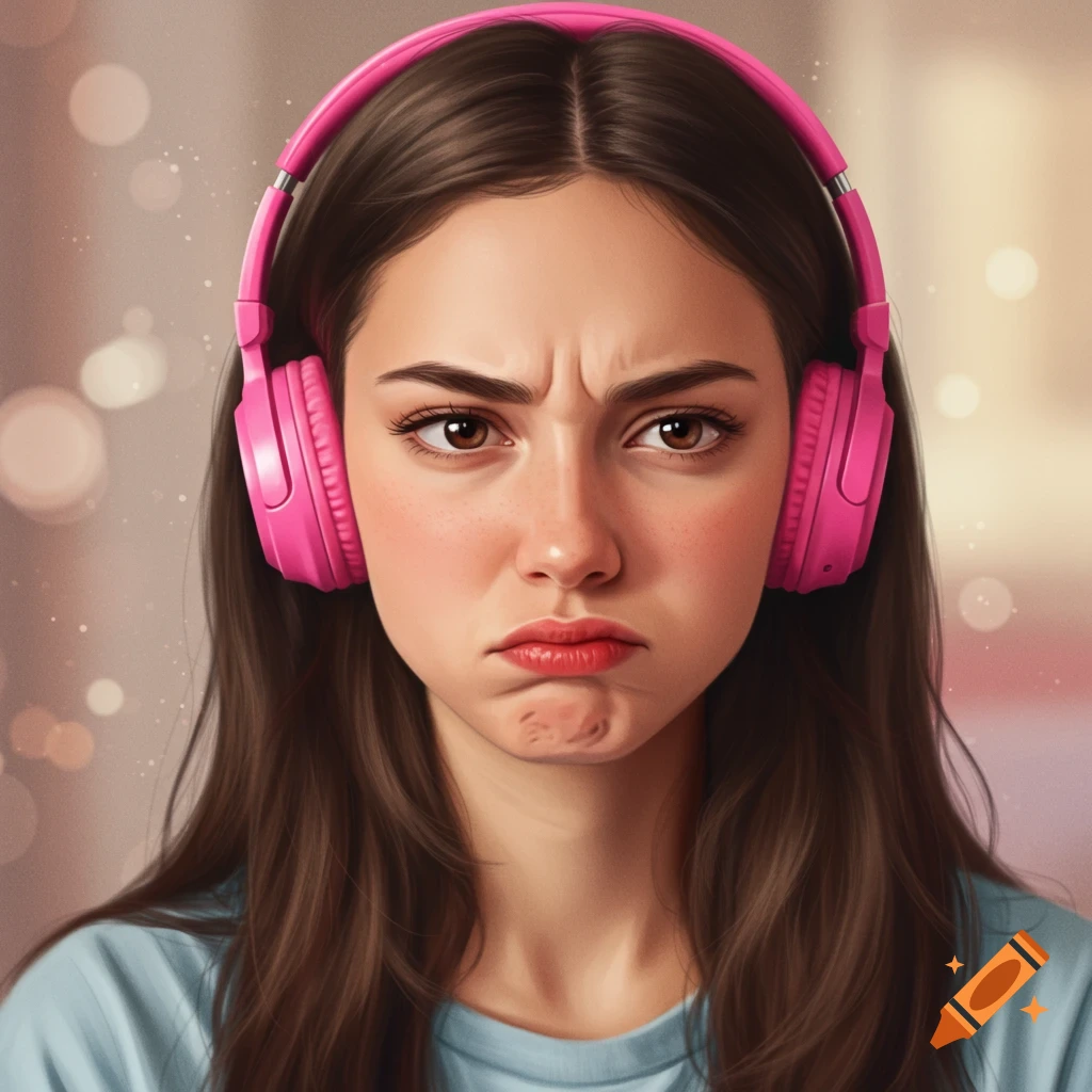 Anime girl with brown hair, headphones, and a slight frown on Craiyon