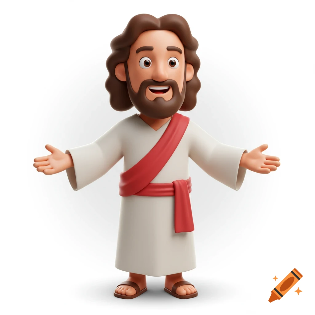 Cartoon illustration of Jesus with a welcoming gesture on Craiyon