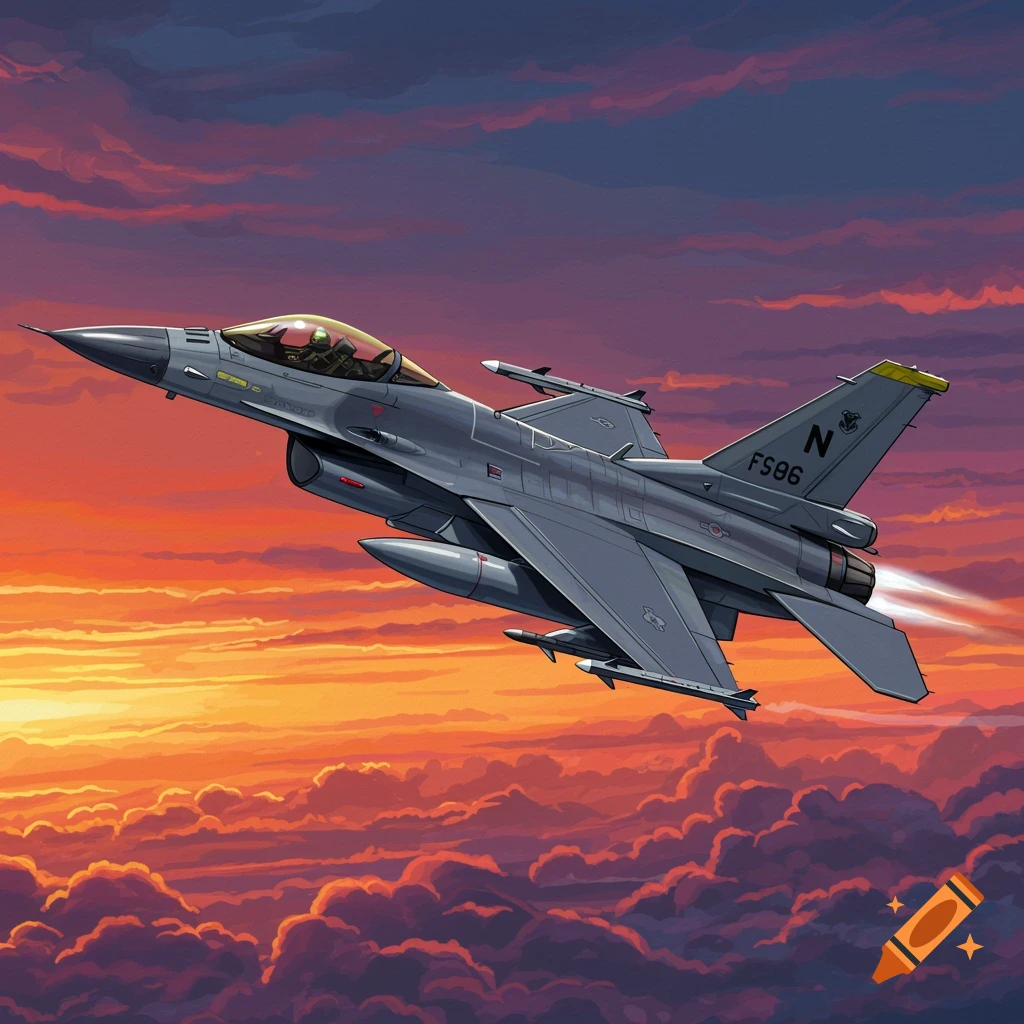 A fighter jet flies through a colorful sunset sky. on Craiyon