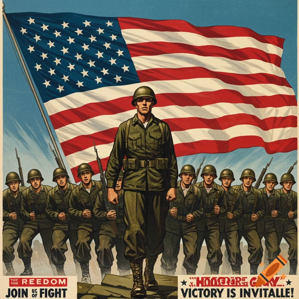 Patriotic poster encouraging American men to enlist with soldier and US ...