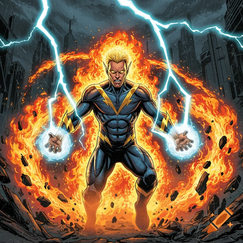Superhero with fire and lightning powers, gold Mohawk on Craiyon