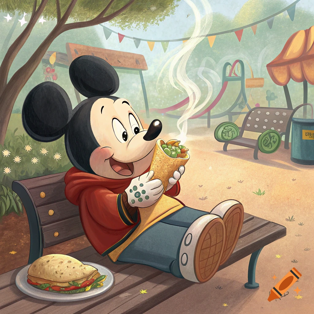 Cartoon Mickey Mouse sits on a park bench eating a burrito. on Craiyon