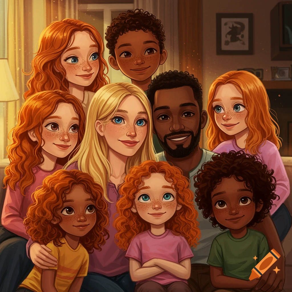 A family with a white mom, black dad, and six mixed-race kids. on Craiyon
