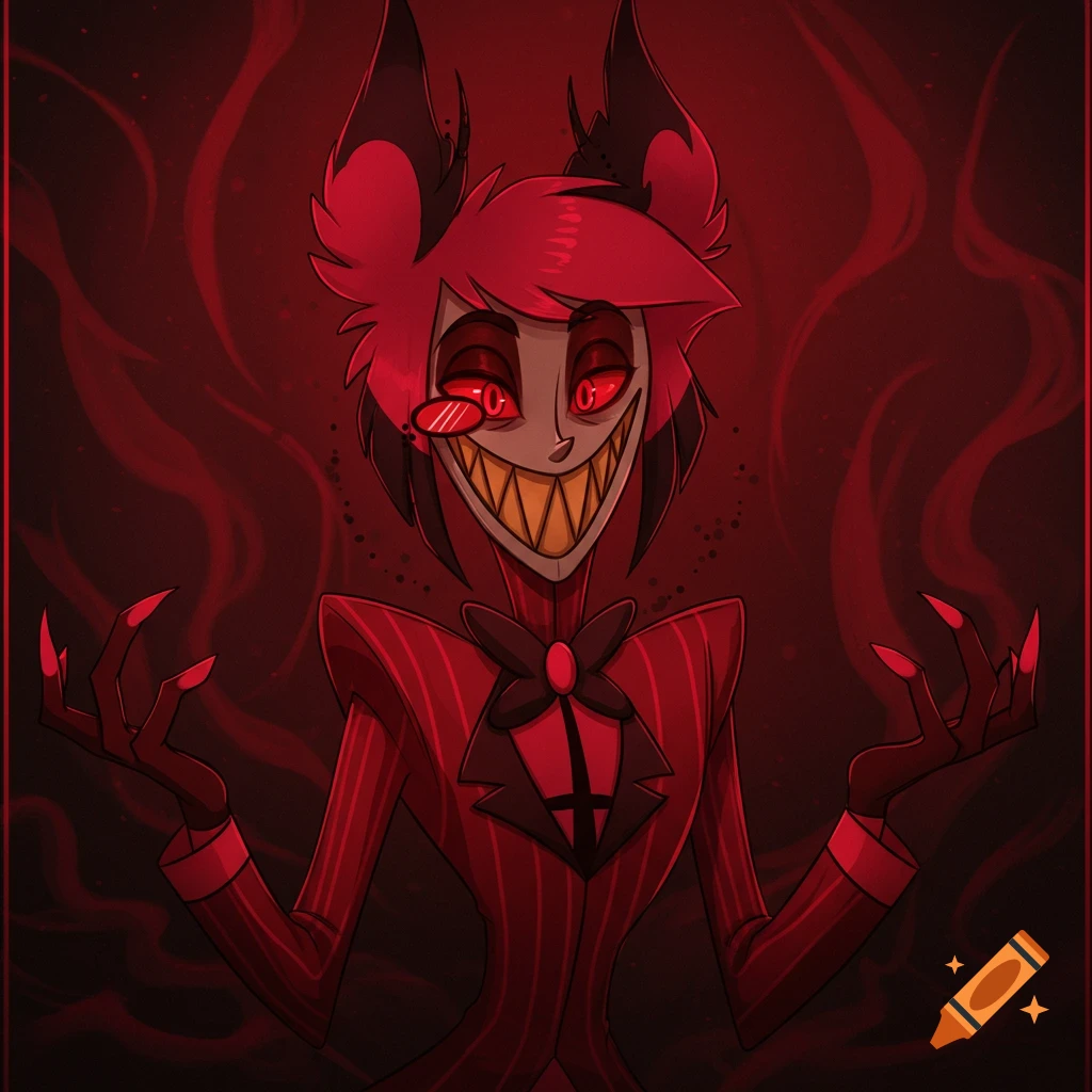 Digital art of a smiling character with red hair, sharp teeth, and a ...