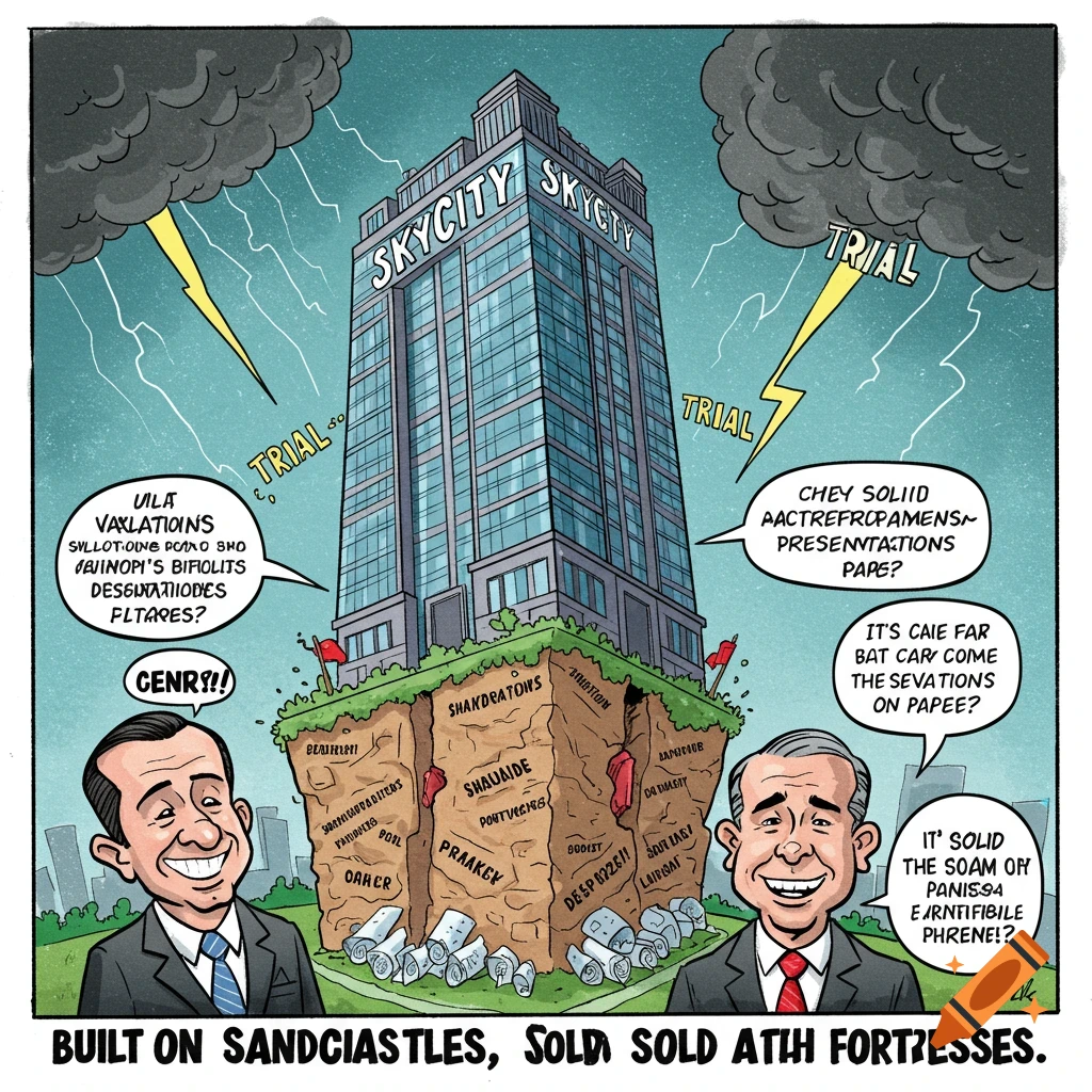 Editorial cartoon of SkyCity condo teetering on shaky foundations on ...