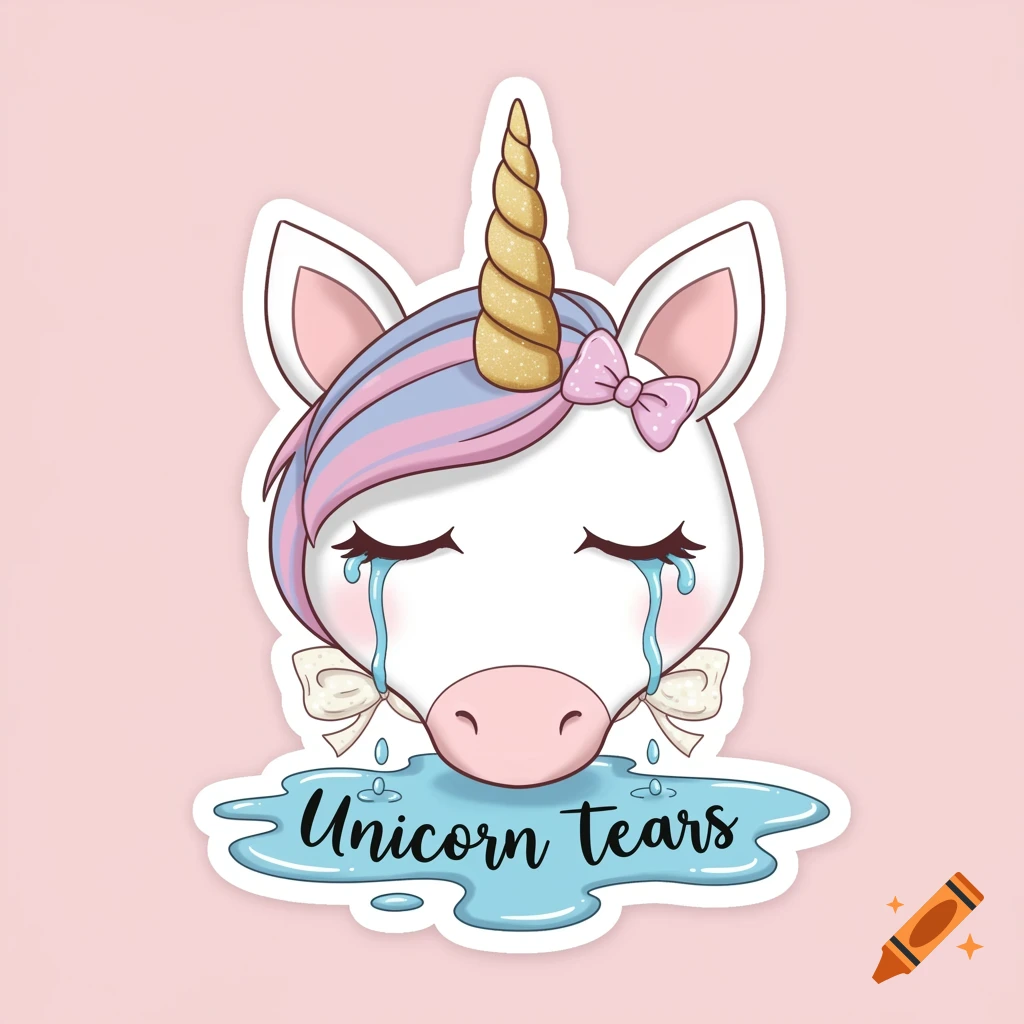 Cartoon sticker of a crying unicorn head with pink and blue mane, golden horn, and tears forming ...